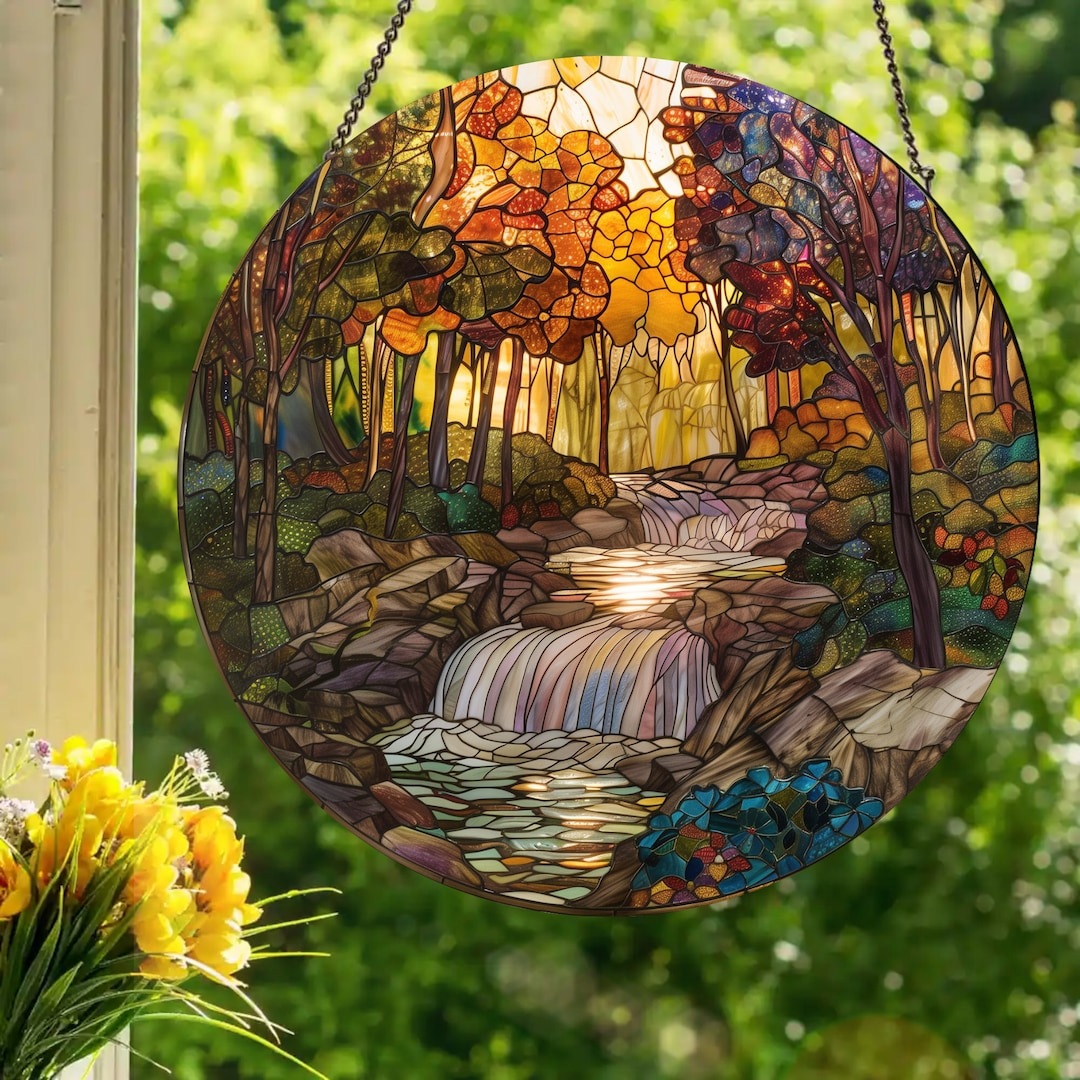 Autumn Waterfall: Stained Glass Style Window Hanging - Etsy