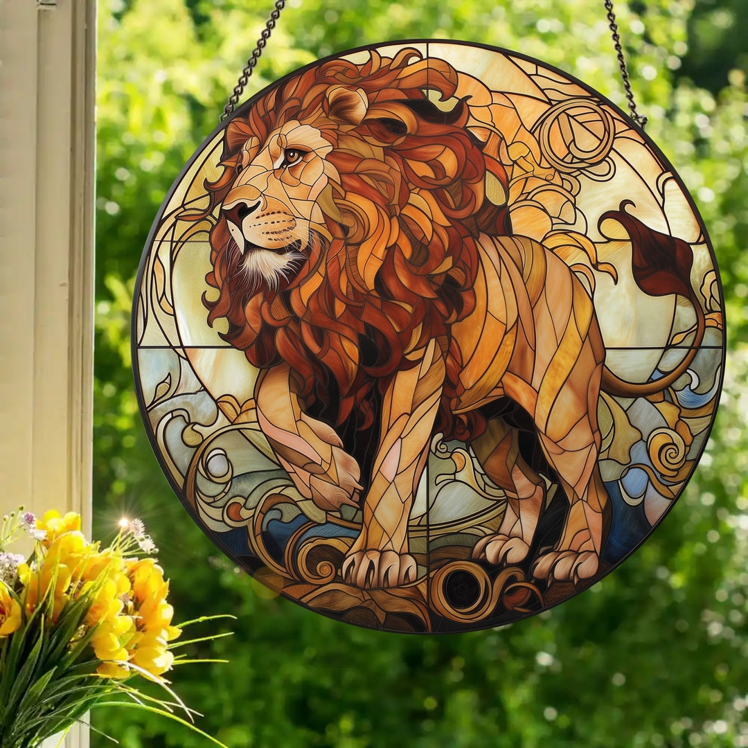 King Lion: Stained Glass Style Window Hanging Made With Real Glass - Etsy