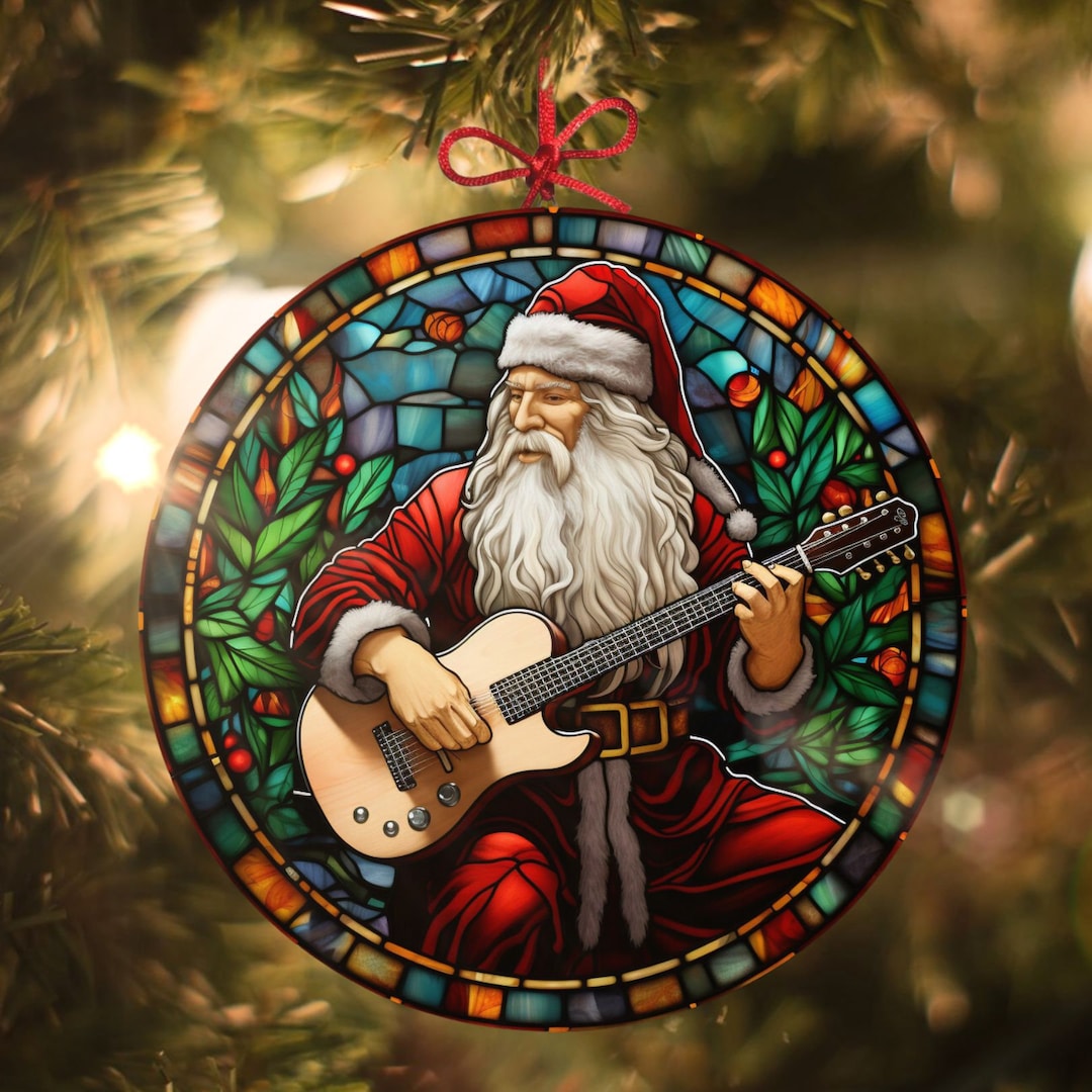 Rock N Roll Santa Clause Playing Electric Guitar 1: Stained Glass Style ...