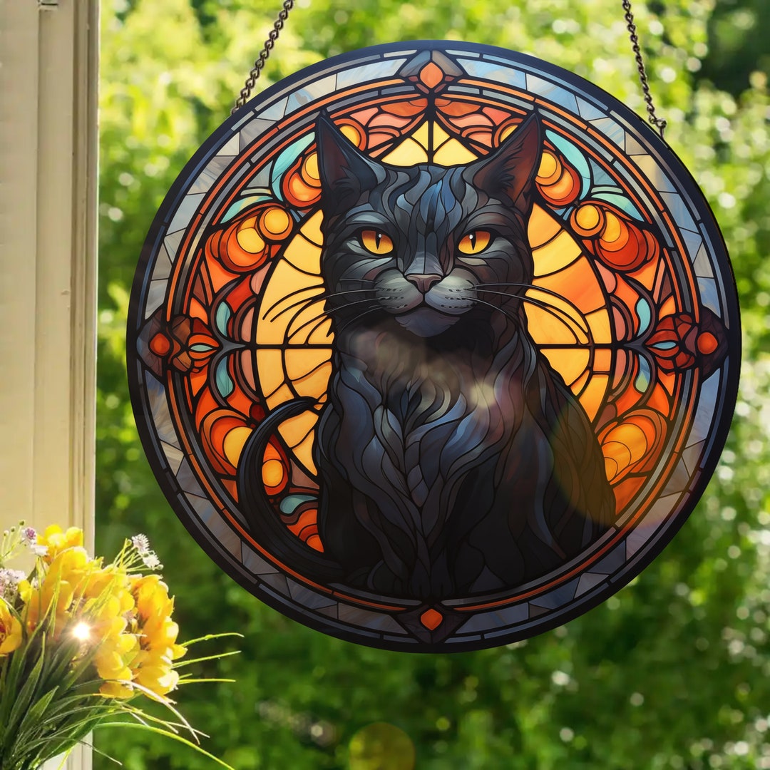 Black Cat Sunset: Stained Glass Style Wall or Window Hanging - Etsy