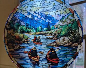 Canoe by a River Fall Landscape, Stained Glass Mosaic Hybrid Panel for ...