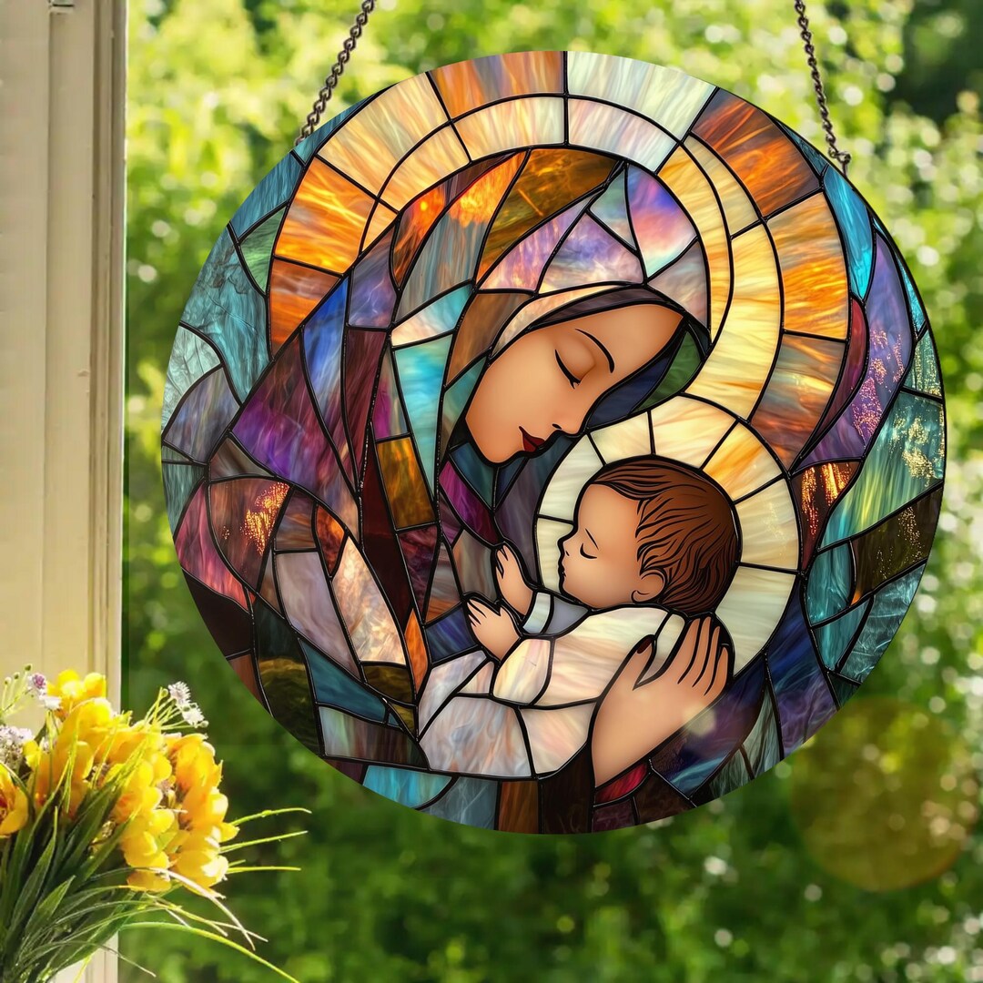 Baby Jesus and the Holy Mother Mary: Stained Glass Style Window Hanging ...