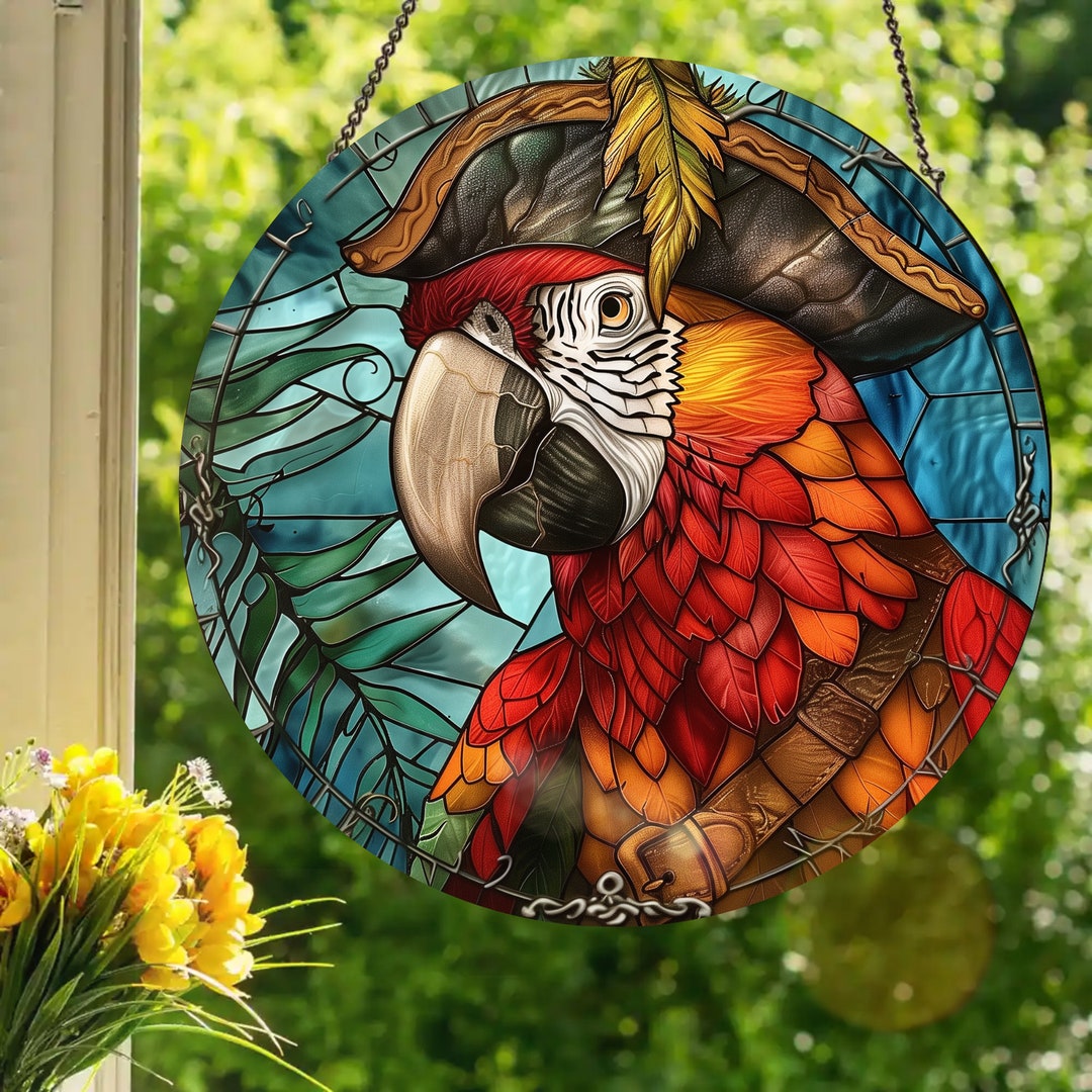 Captain Macaw: Stained Glass Style Window Hanging Made With Real Glass ...