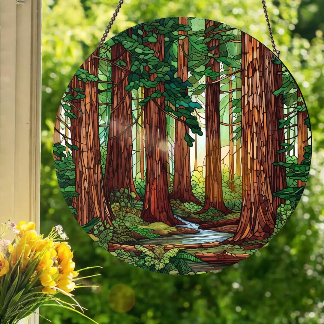 Redwood Grove: Stained Glass Style Window Hanging - Etsy