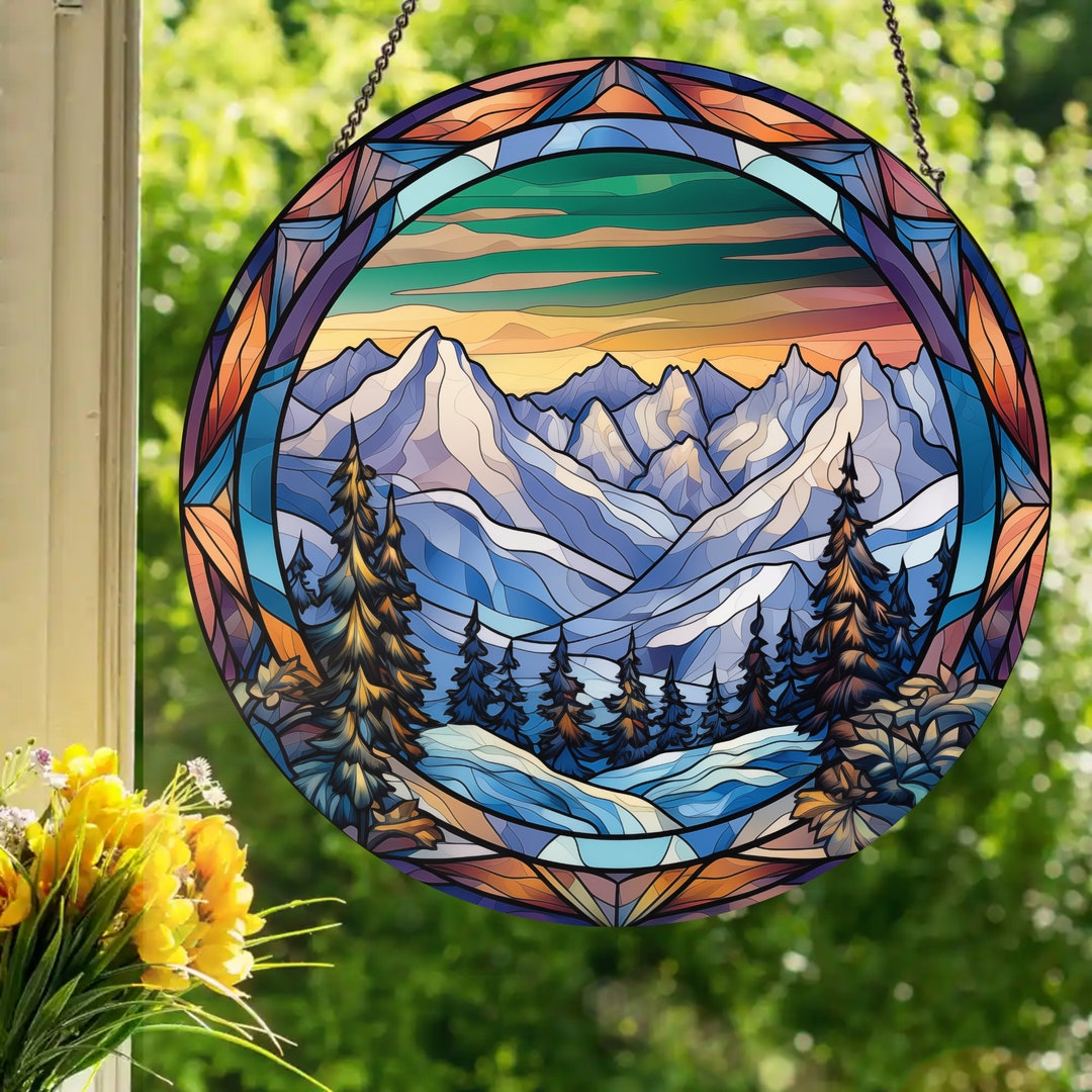 Snowy Alpine Mountain Range: Stained Glass Style Wall or Window Hanging ...