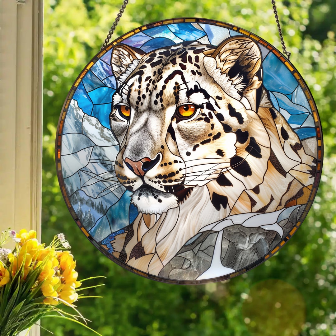 Snow Leopard: Stained Glass Style Wall or Window Hanging - Etsy