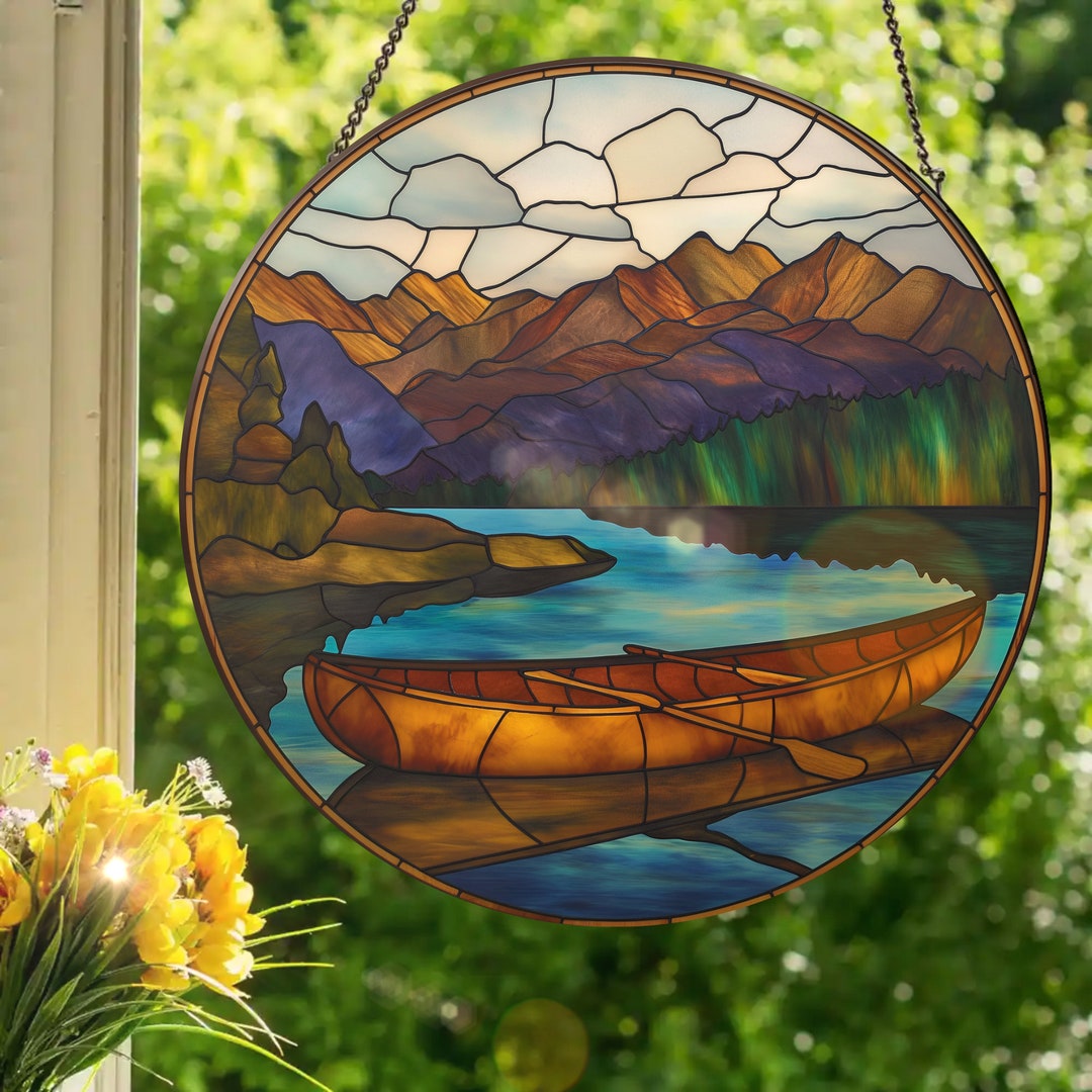 Tranquil Canoe Stained Glass Style Wall Or Window Hanging Etsy