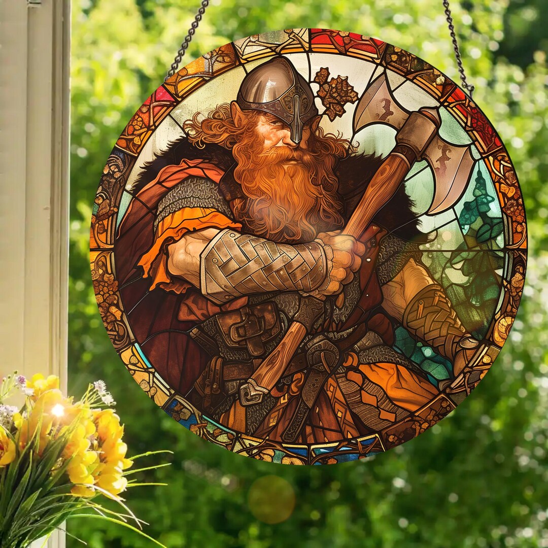Emberwick the Dwarf With His Battle Axe: Stained Glass Style Window ...