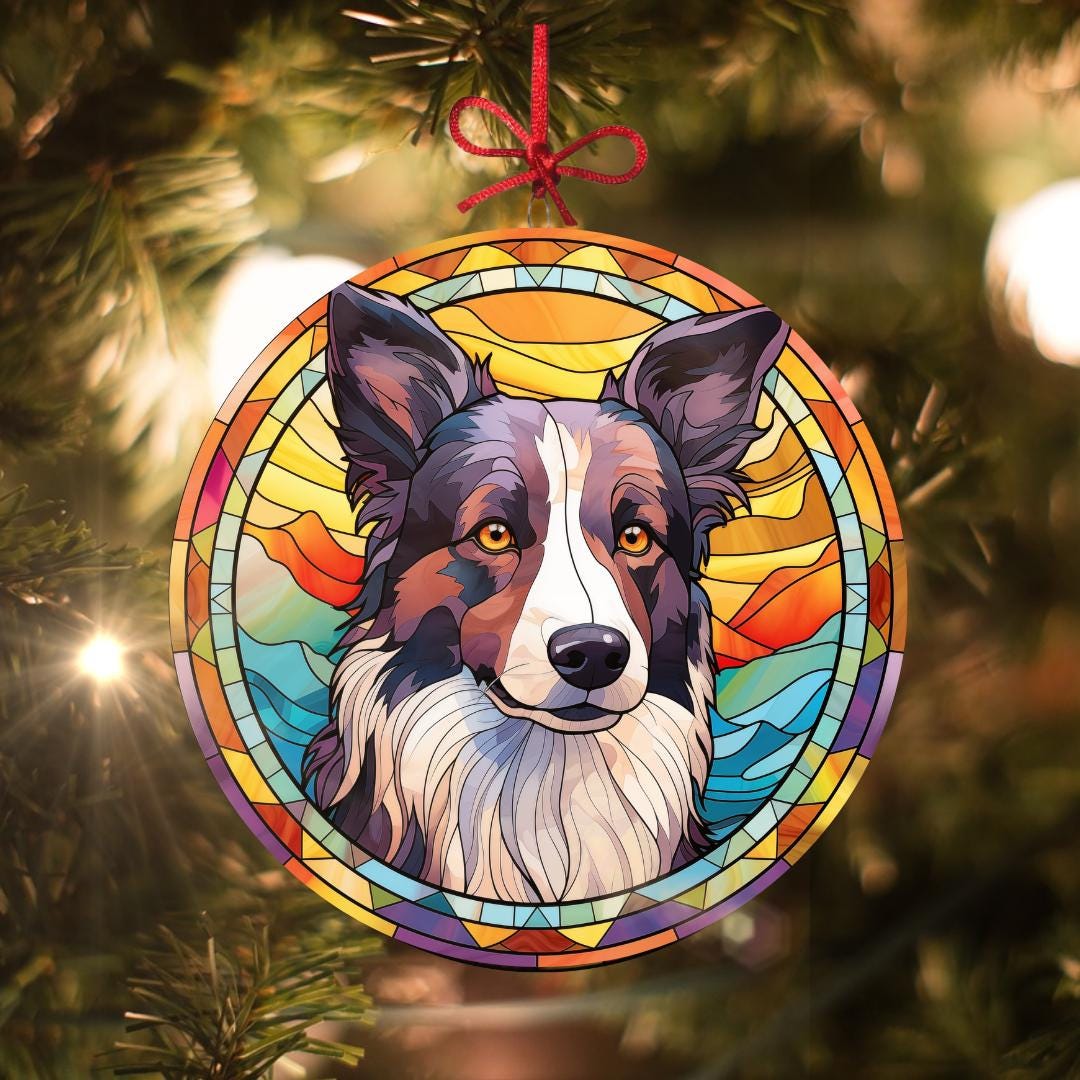 Tri-colored Border Collie: Stained Glass-style Christmas Ornament ...