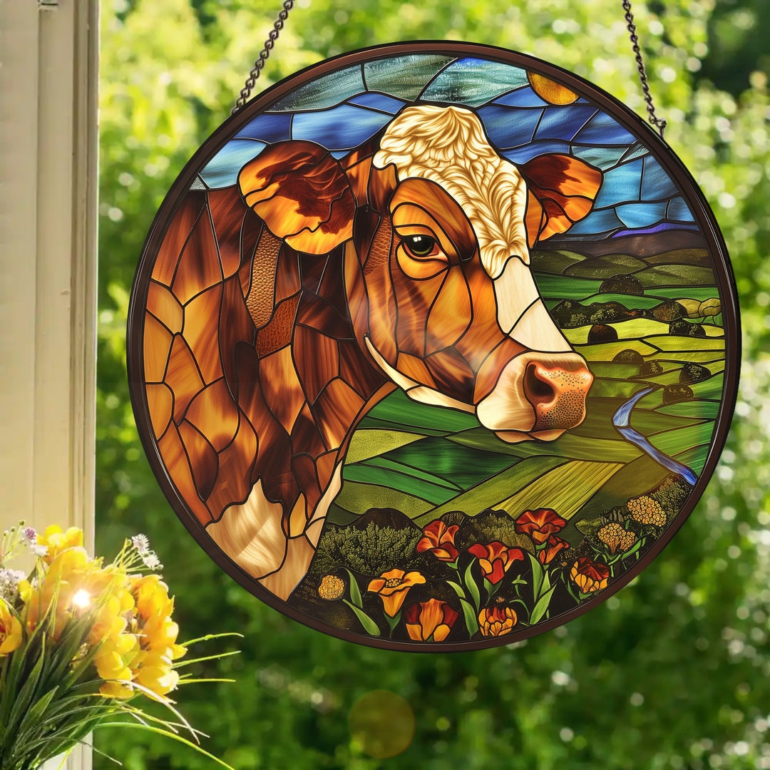 Brown Cow: Stained Glass Style Wall or Window Hanging - Etsy