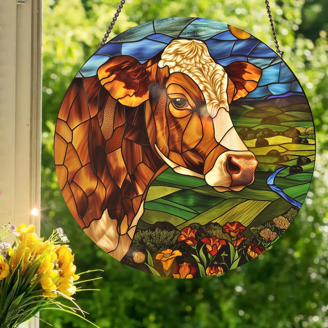 Brown Cow: Stained Glass Style Wall or Window Hanging - Etsy