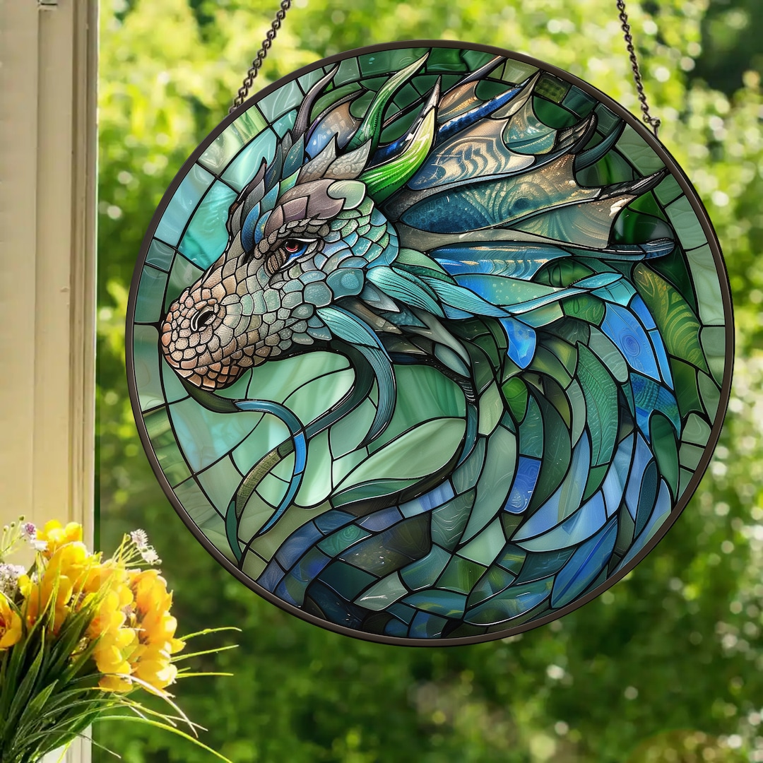 Blue Green Dragon: Stained Glass Style Window Hanging - Etsy