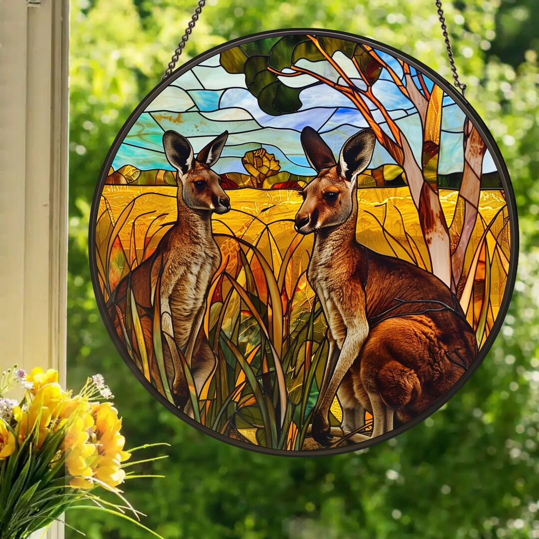 Curious Kangaroos: Stained Glass Style Window Hanging Made With Real ...