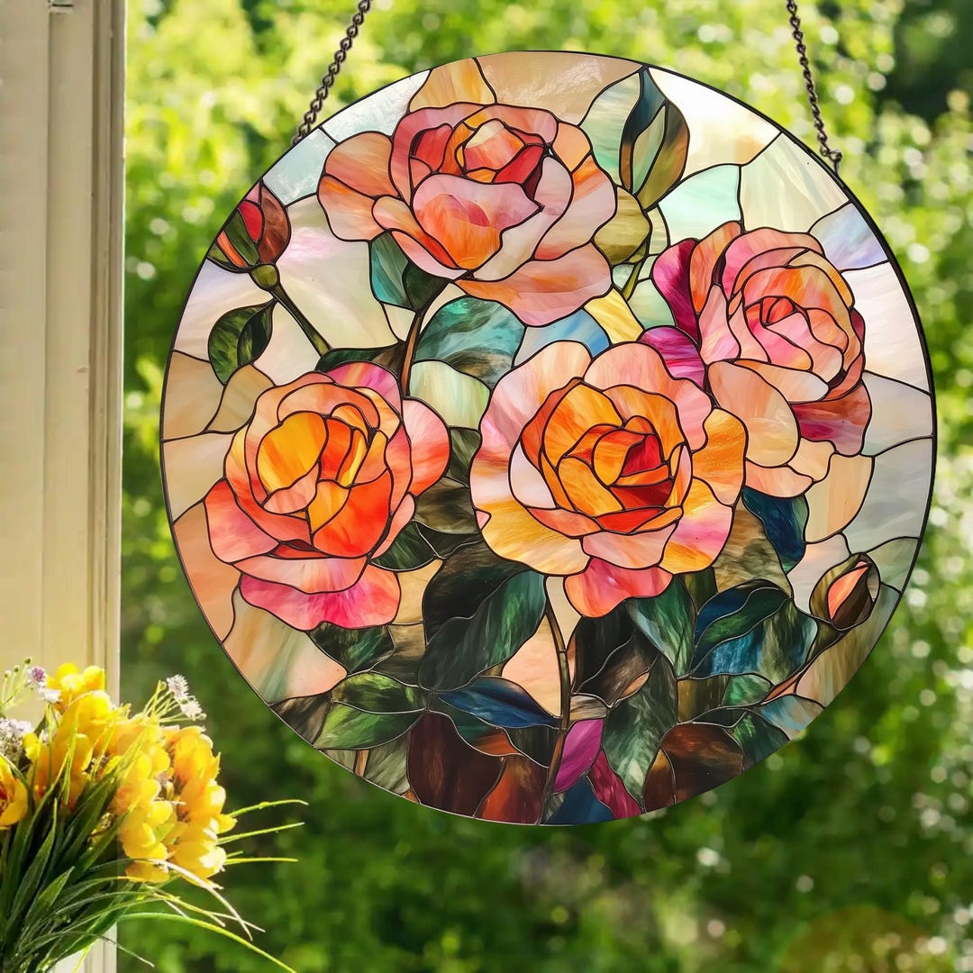 Peach Roses: Stained Glass Style Window Hanging - Etsy
