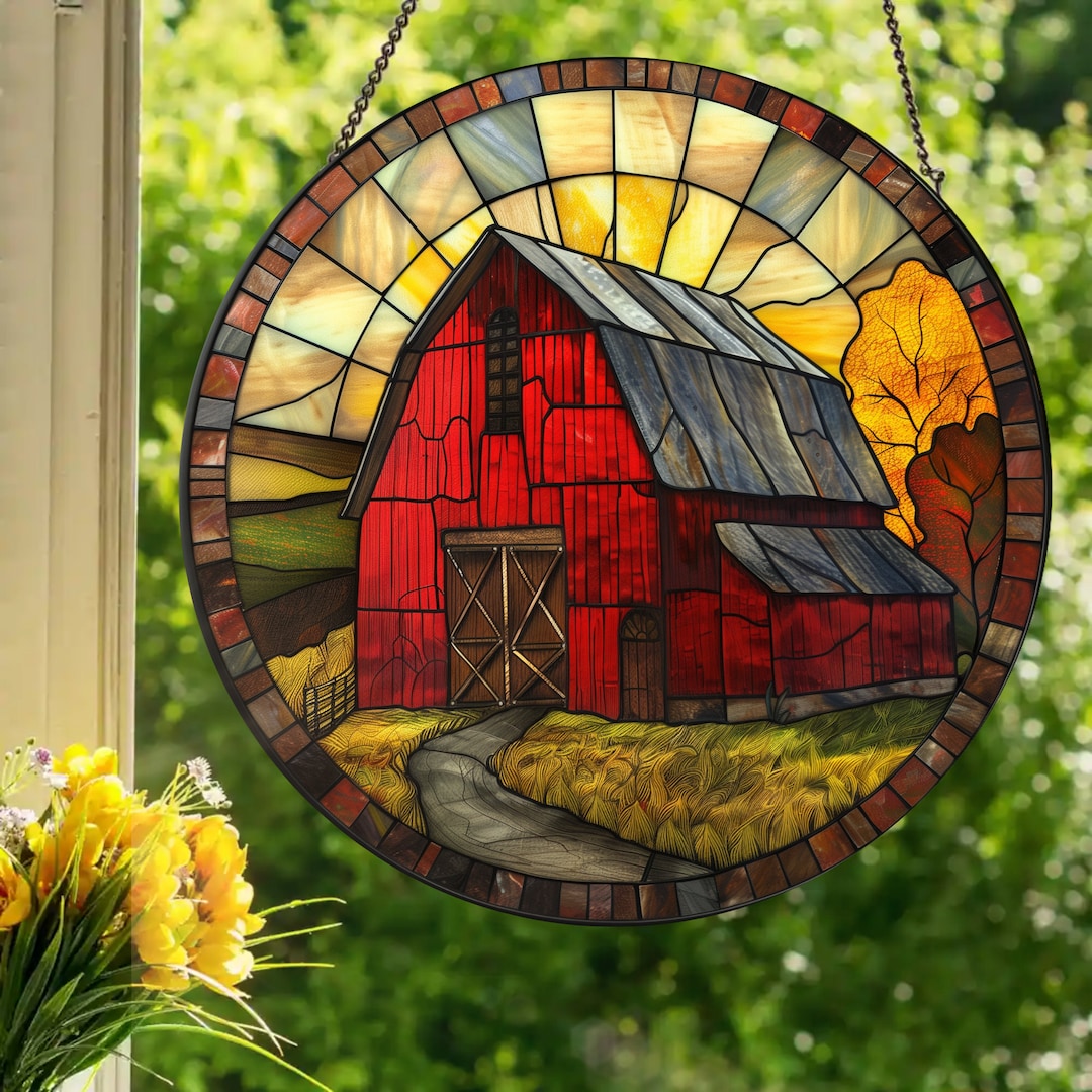Red Country Barn: Stained Glass Style Window Hanging - Etsy