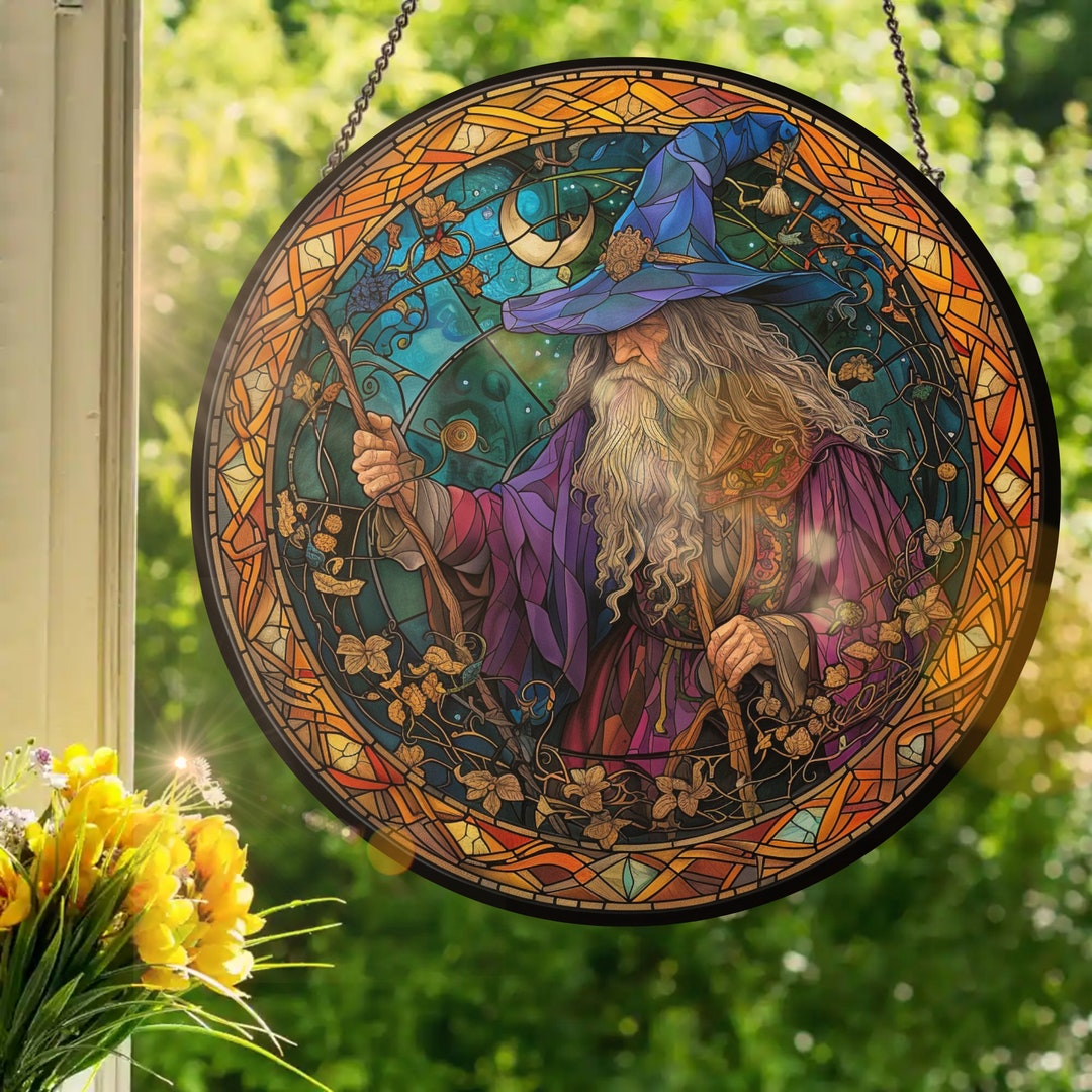 Wizard With a Crescent Moon: Stained Glass Style Window Hanging Made ...