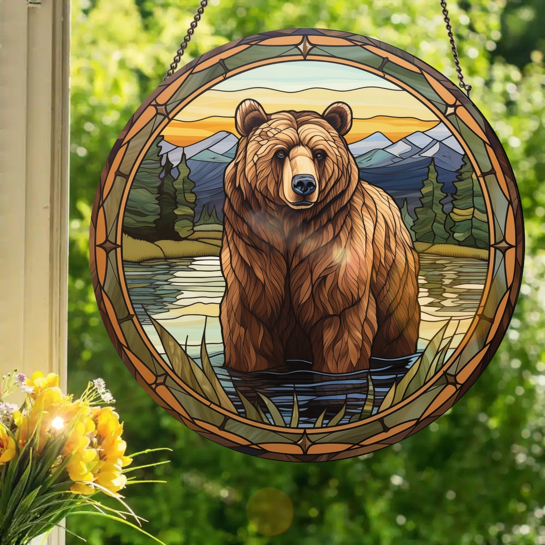 Grizzly Bear: Stained Glass Style Wall or Window Hanging - Etsy