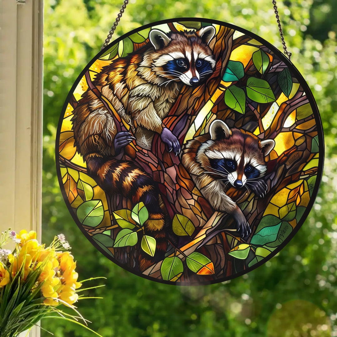 Woodland Raccoons: Stained Glass Style Wall or Window Hanging - Etsy