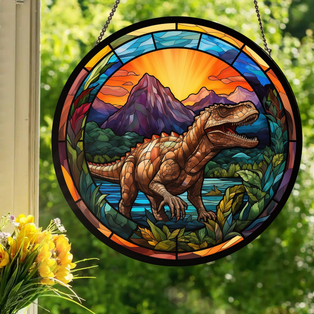 Roaring Dinosaur: Stained Glass Style Wall or Window Hanging - Etsy