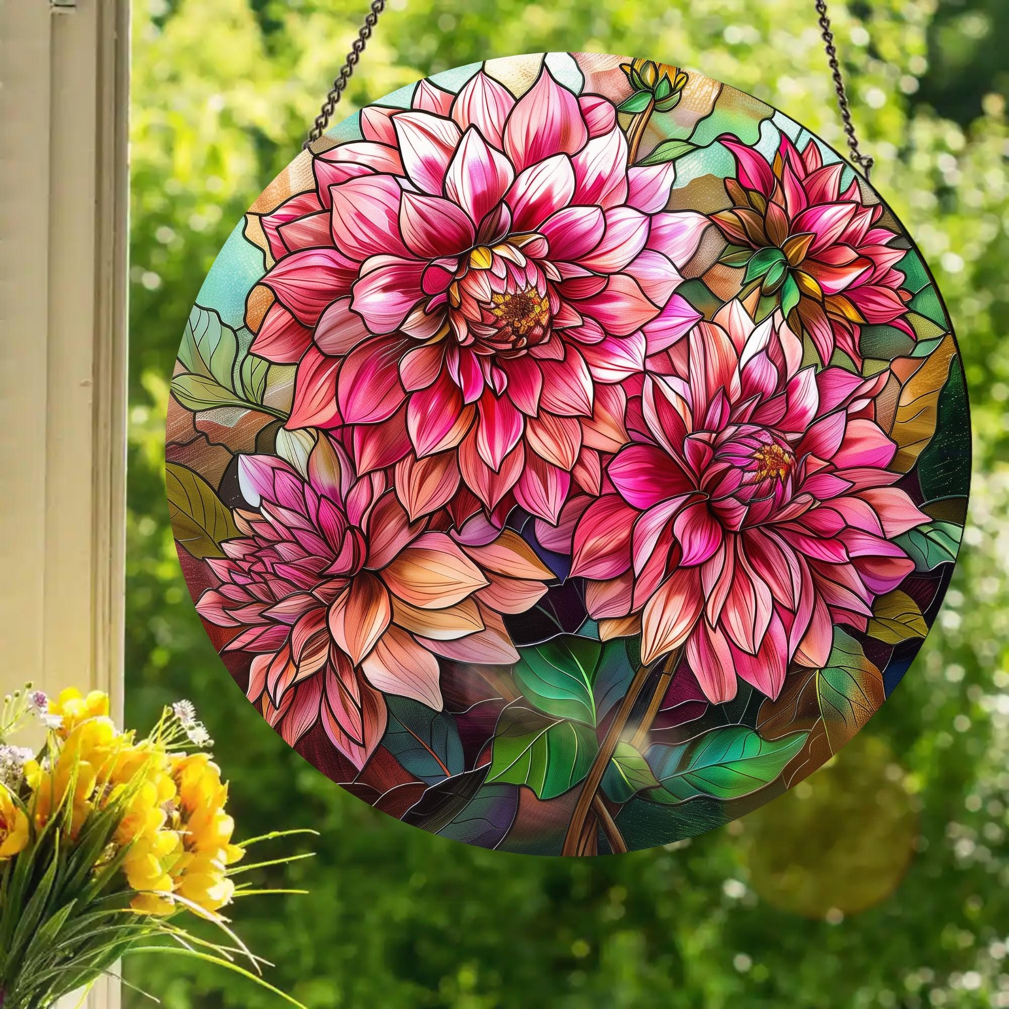 Pink Dahlias: Stained Glass Style Window Hanging - Etsy