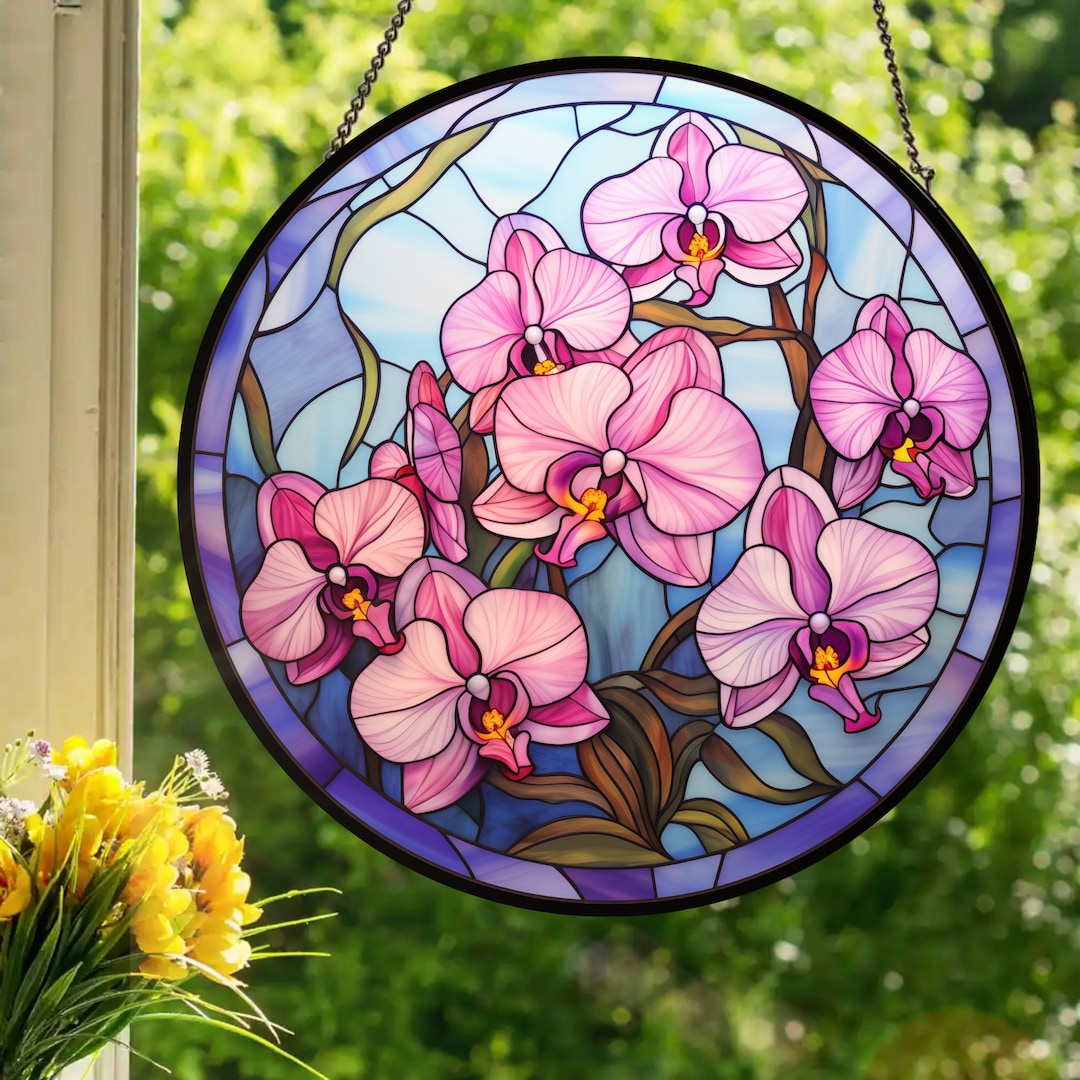 Pink Orchids: Stained Glass Style Window Hanging Made With Real Glass ...