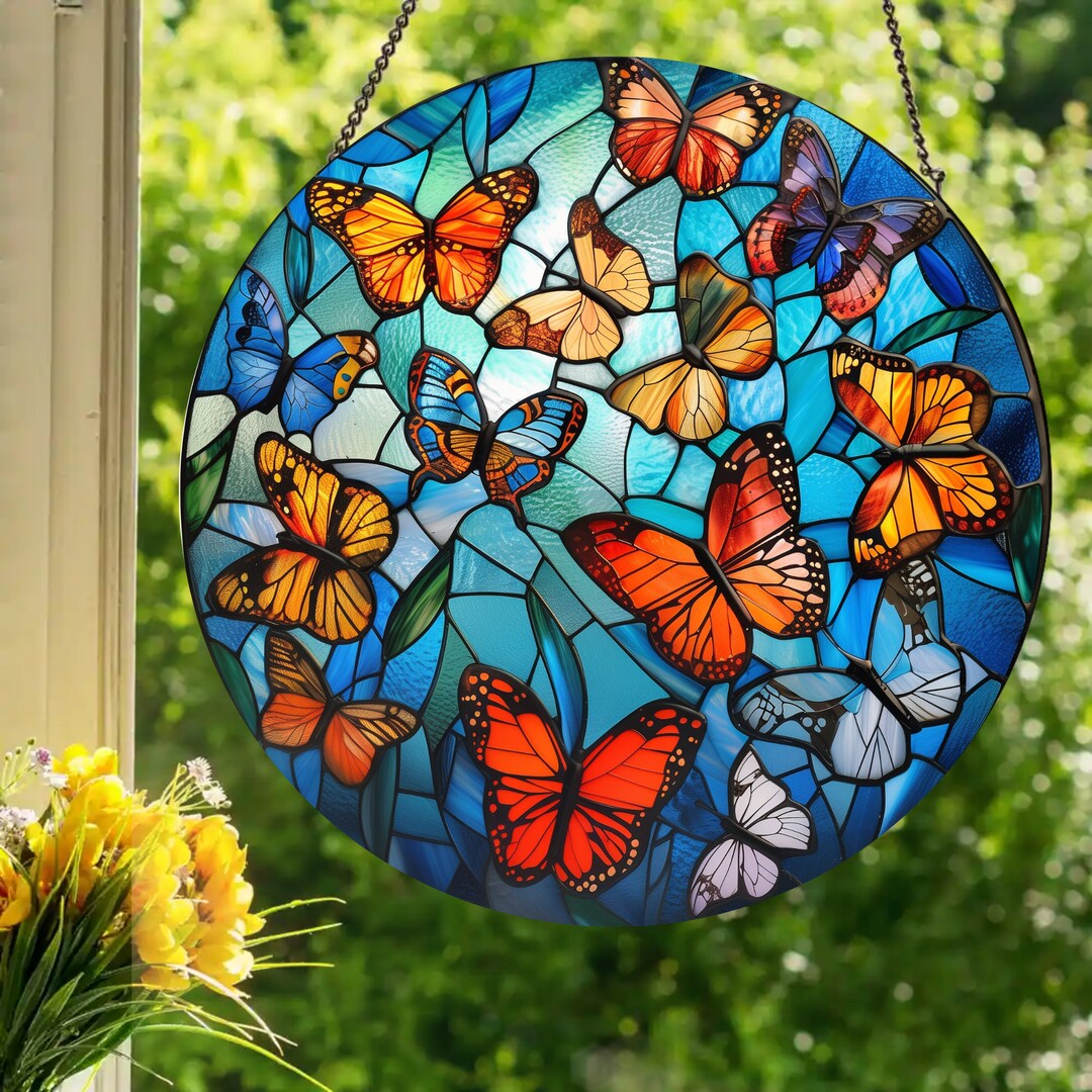 Butterfly Sky: Stained Glass Style Window Hanging Made With Real Glass ...