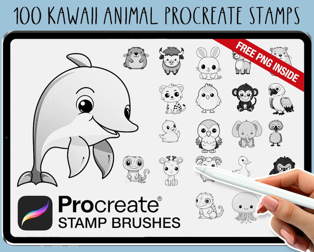 100 Kawaii Animal Procreate Brushes / Stamps - Free Color PNG Included ...