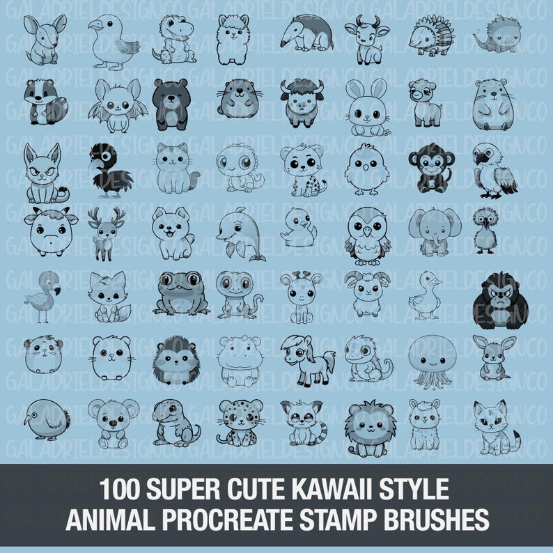 100 Kawaii Animal Procreate Brushes / Stamps - Free Color PNG Included ...