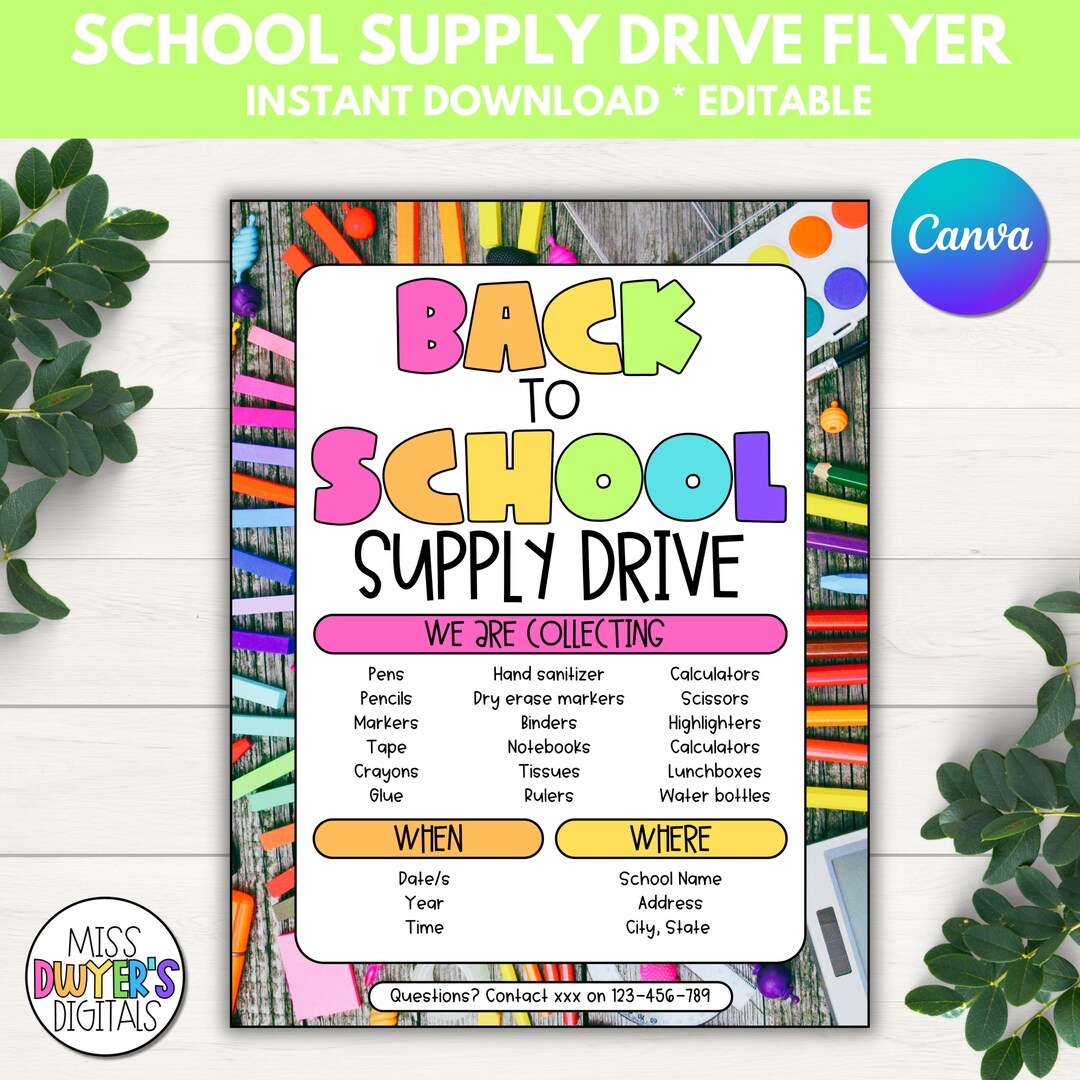 Back to School Flyer, School Supply Drive Flyer, Canva Editable ...