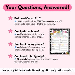 Editable Teacher Favorites Questionnaire Printable PDF and Canva ...