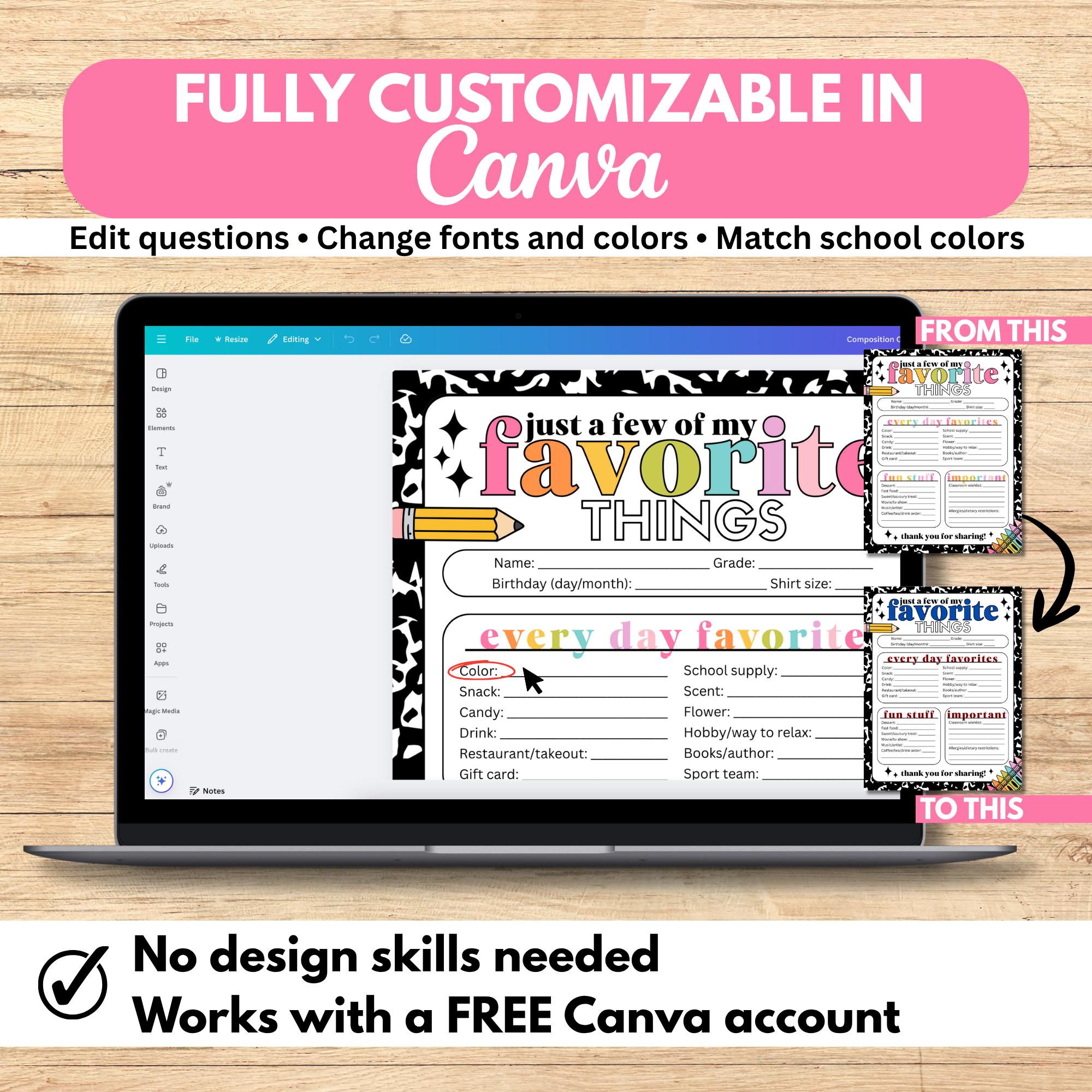 Editable Teacher Favorites Questionnaire Printable PDF and Canva ...