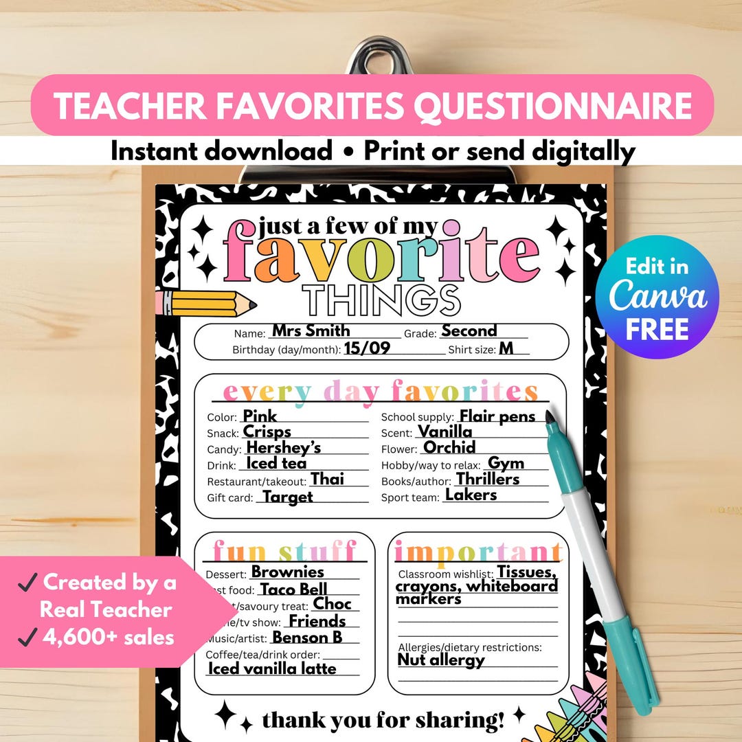 Editable Teacher Favorites Questionnaire Printable PDF and Canva ...