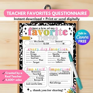 Editable Teacher Favorites Questionnaire Printable PDF and Canva ...
