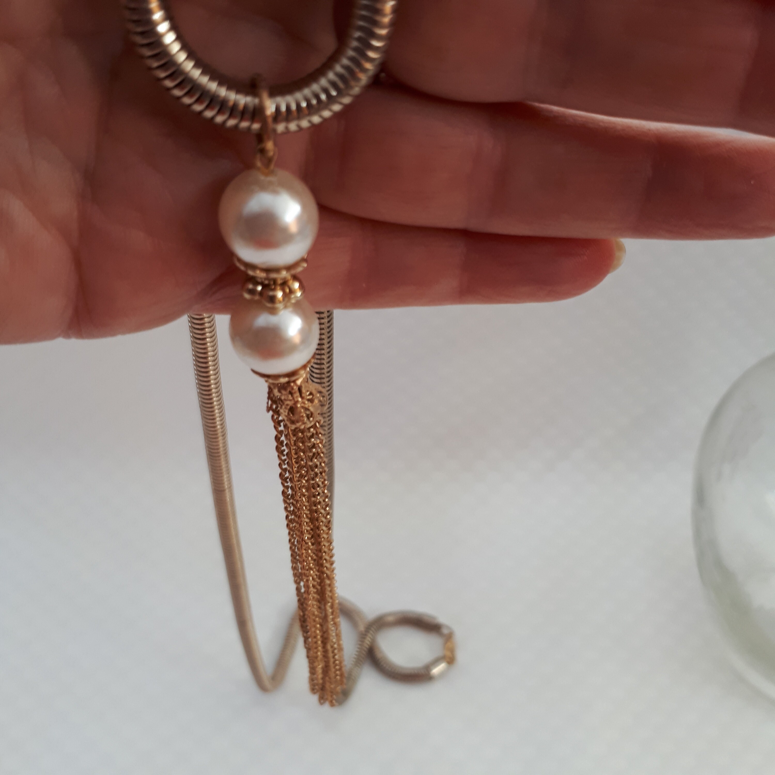 Vintage Long Silver Tone Snake Chain With Faux Pearls and Dangling ...