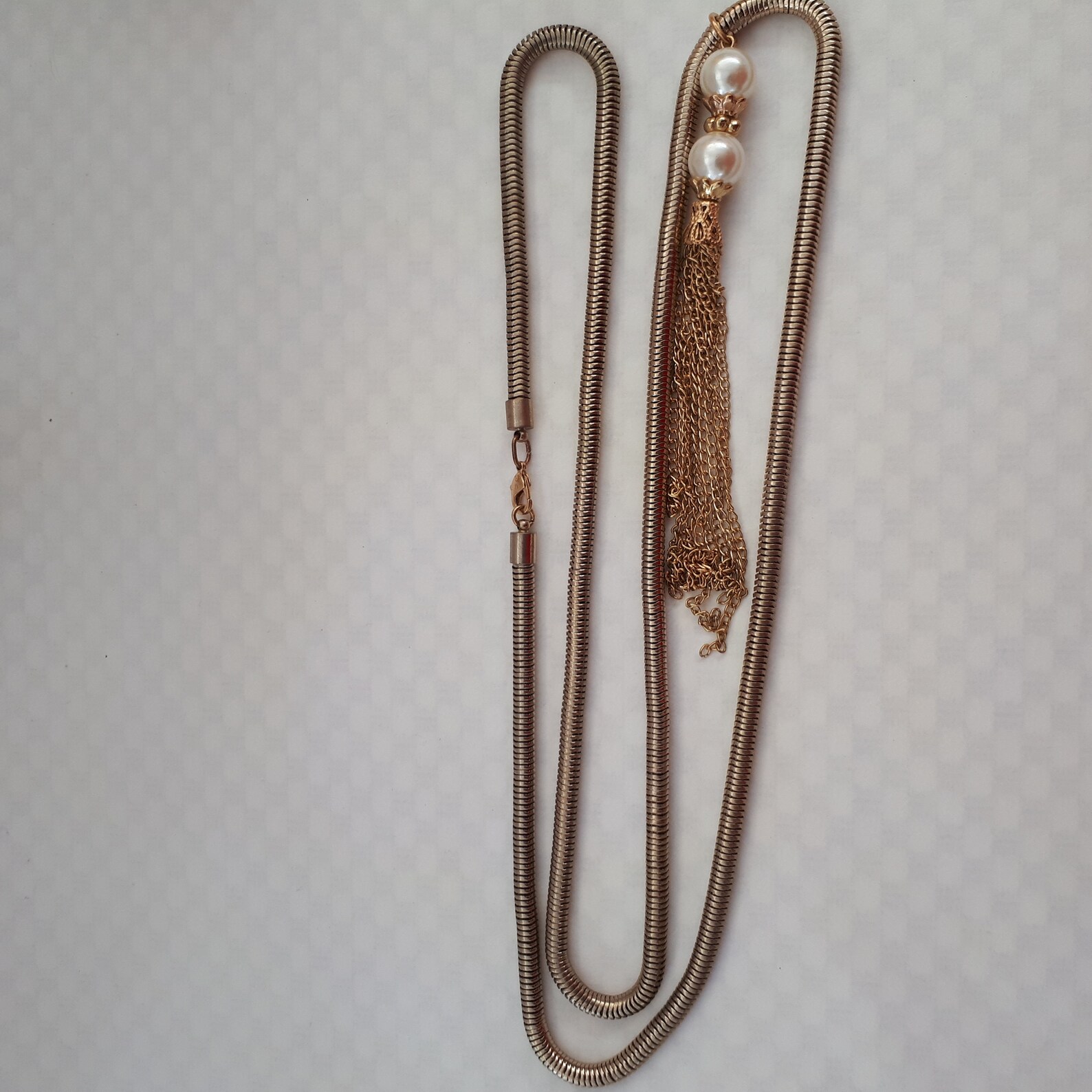 Vintage Long Silver Tone Snake Chain With Faux Pearls and Dangling ...