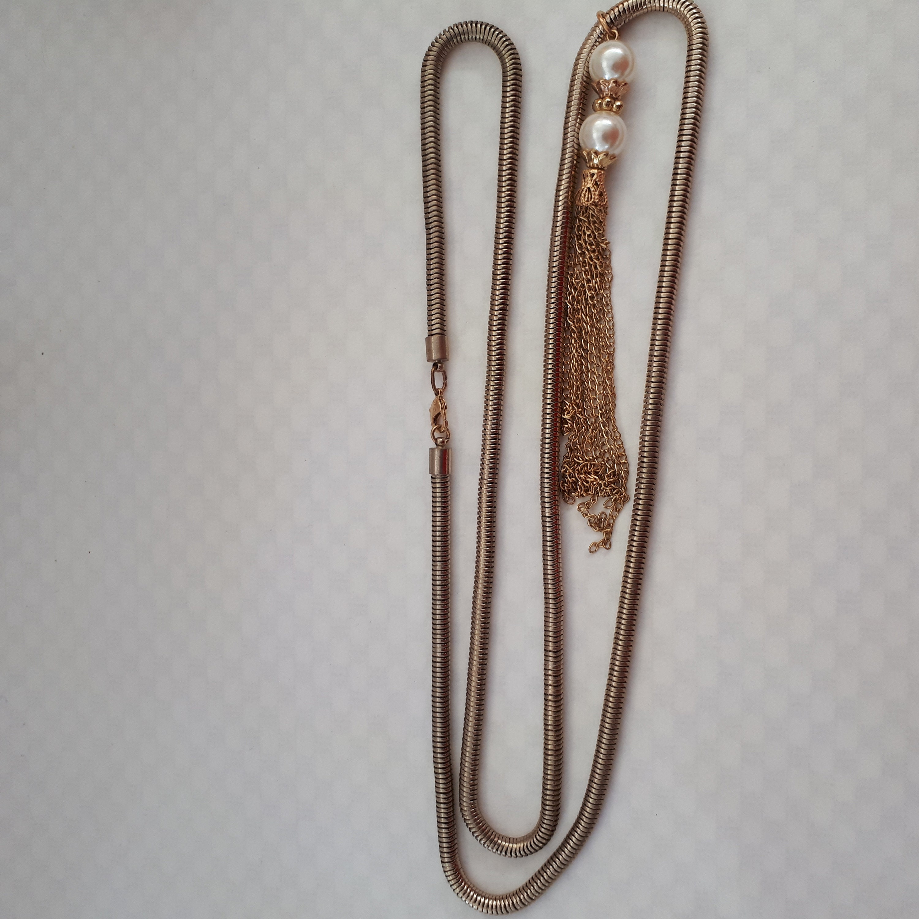 Vintage Long Silver Tone Snake Chain With Faux Pearls and Dangling ...
