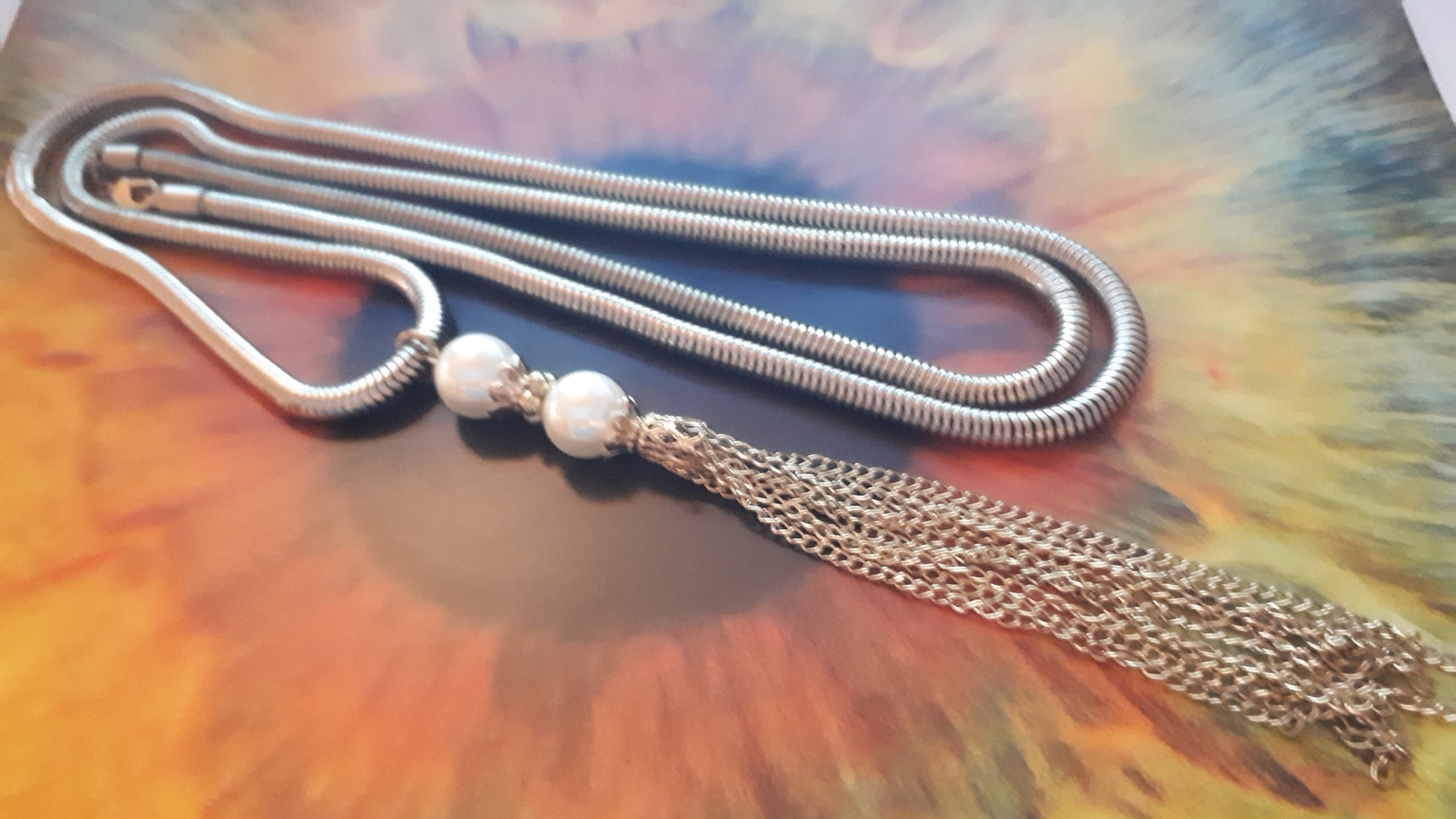 Vintage Long Silver Tone Snake Chain With Faux Pearls and Dangling ...