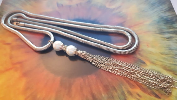 Vintage Long Silver Tone Snake chain with faux Pearls and | Etsy