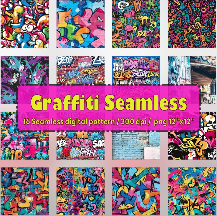 16 Graffiti Art Seamless Patterns: Digital Scrapbook Paper (12x12 PNG ...