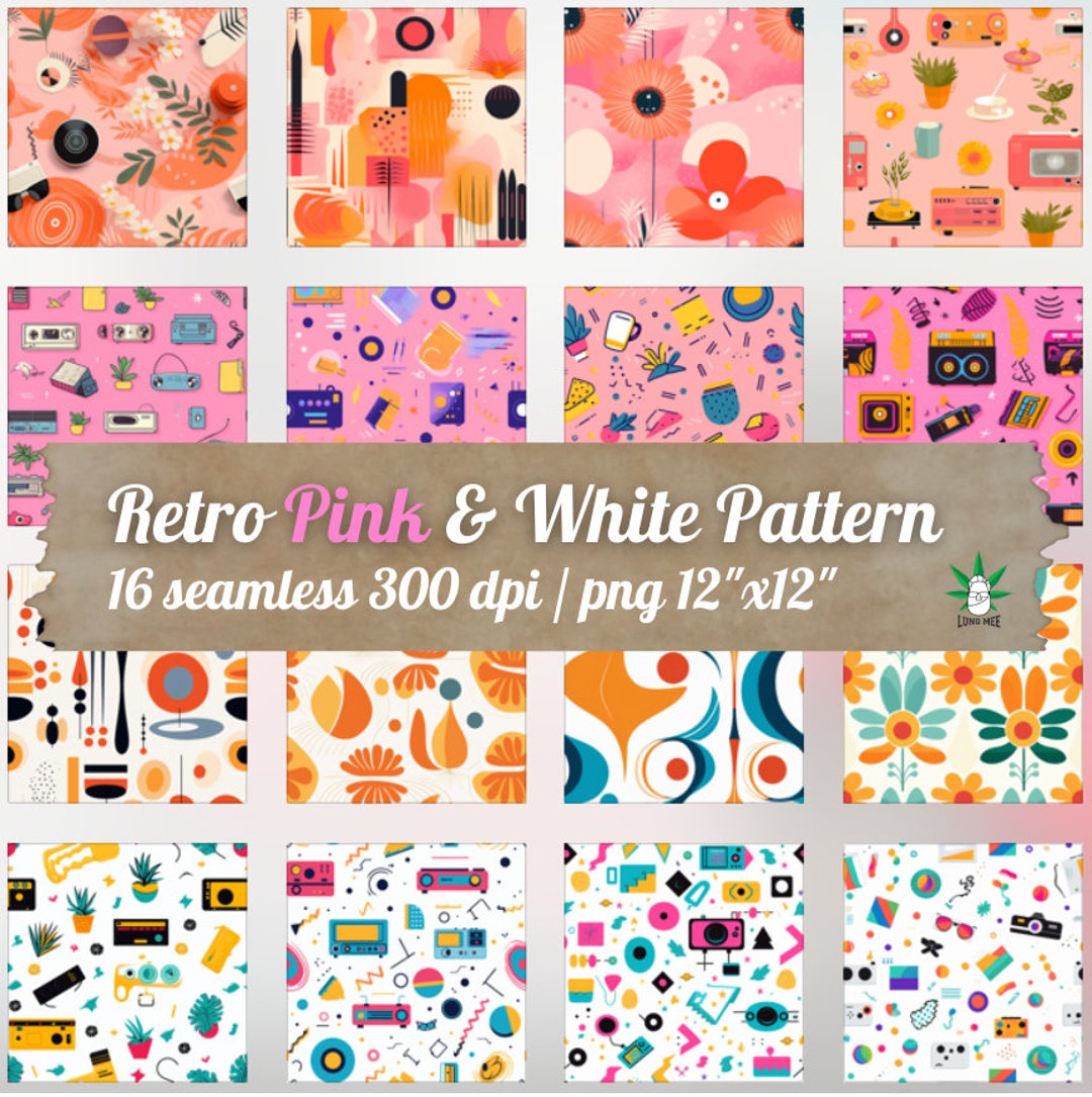 16 Pink and White Retro Digital Seamless, for Printable Paper ...