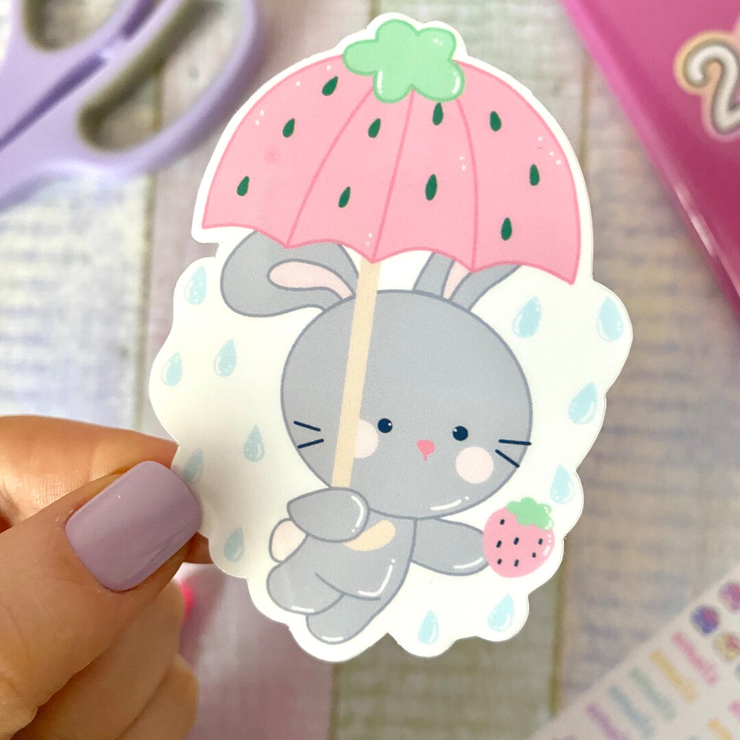 Cute Strawberry Bunny Die Cut Sticker, Hand Drawn Rainy Day Doodle ...