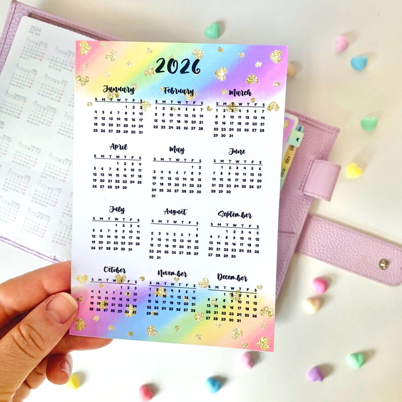 2026 Rainbow Hearts Calendar Sticker: Planner, Journal (A6, B6, A5 ...