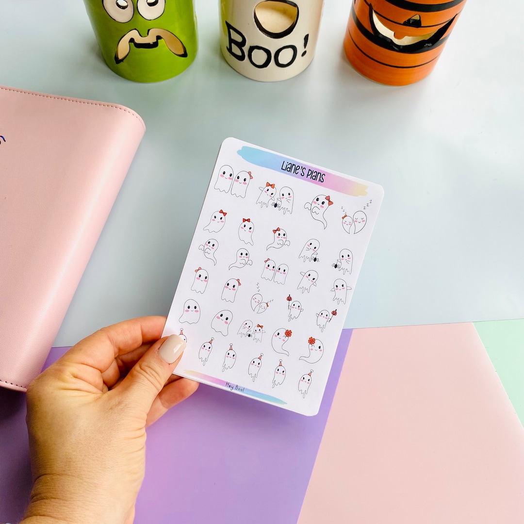 Hey Boo Planner Stickers, Cute Kawaii Halloween Doodle Stickers ...