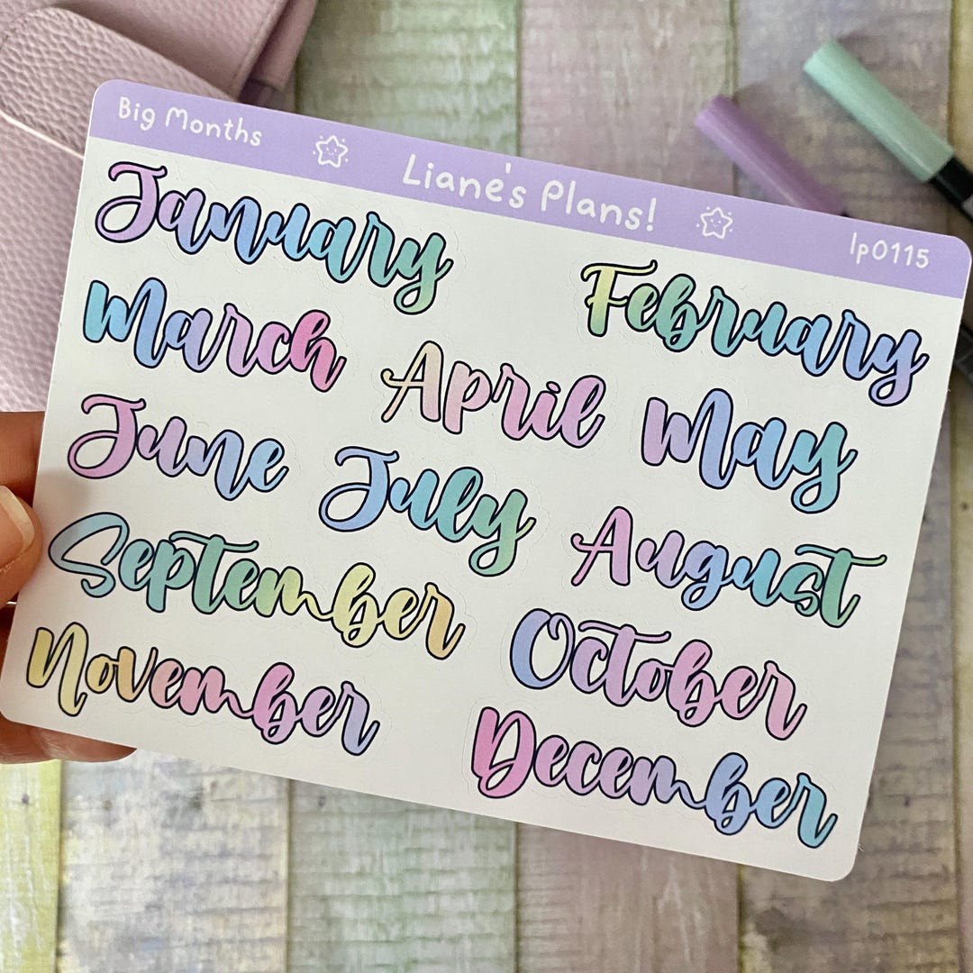 12 Large Months of the Year Planner Stickers, Large Pastel Script ...