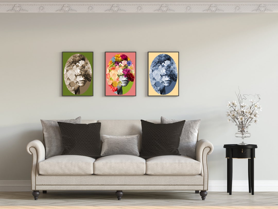 Set of 3 Retro Flower Head Portrait Wall Art Digital Print Woman With ...
