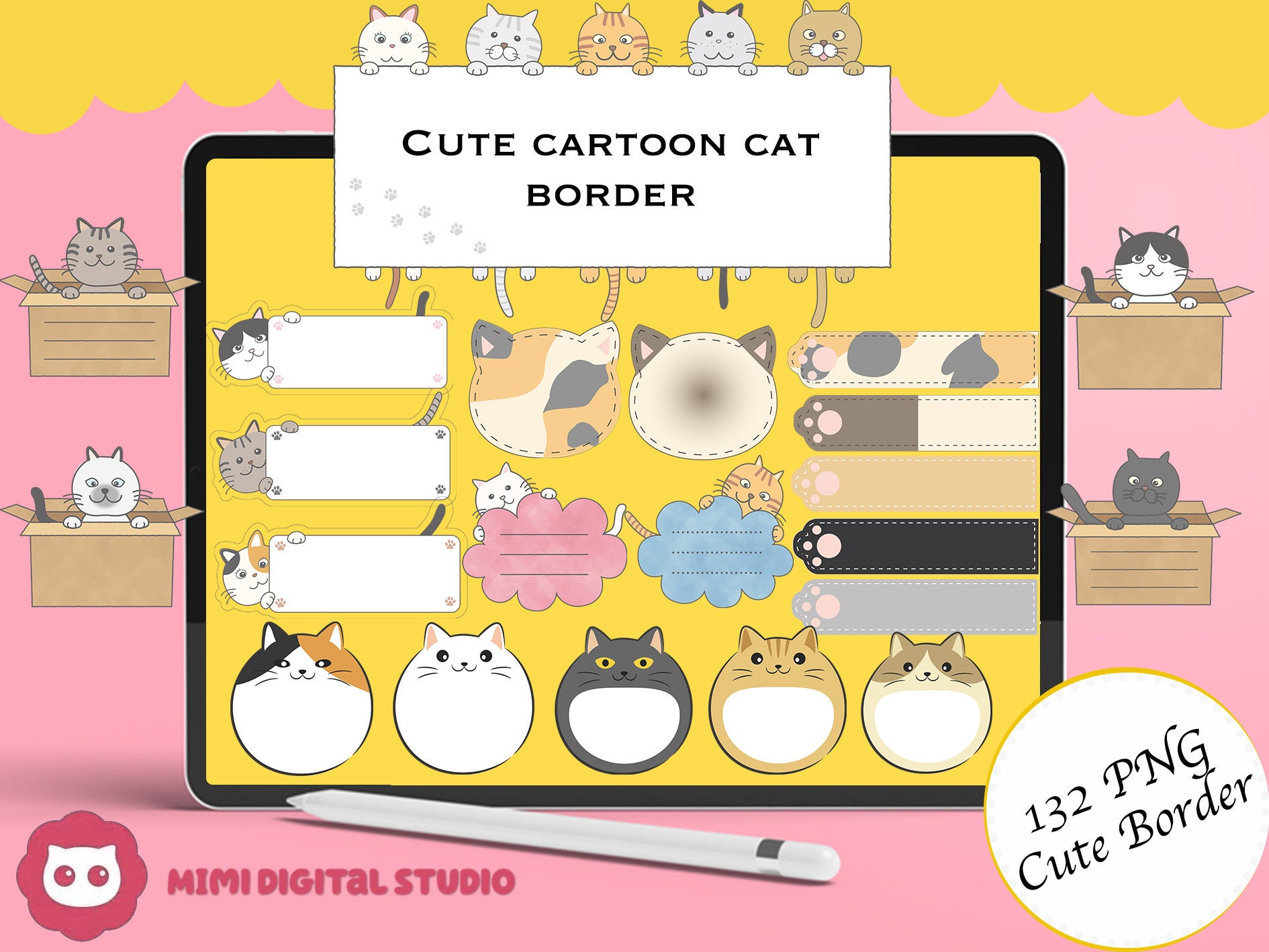Cute Cartoon Cat Border | 132 PNG Files | Goodnotes, Onenote ...