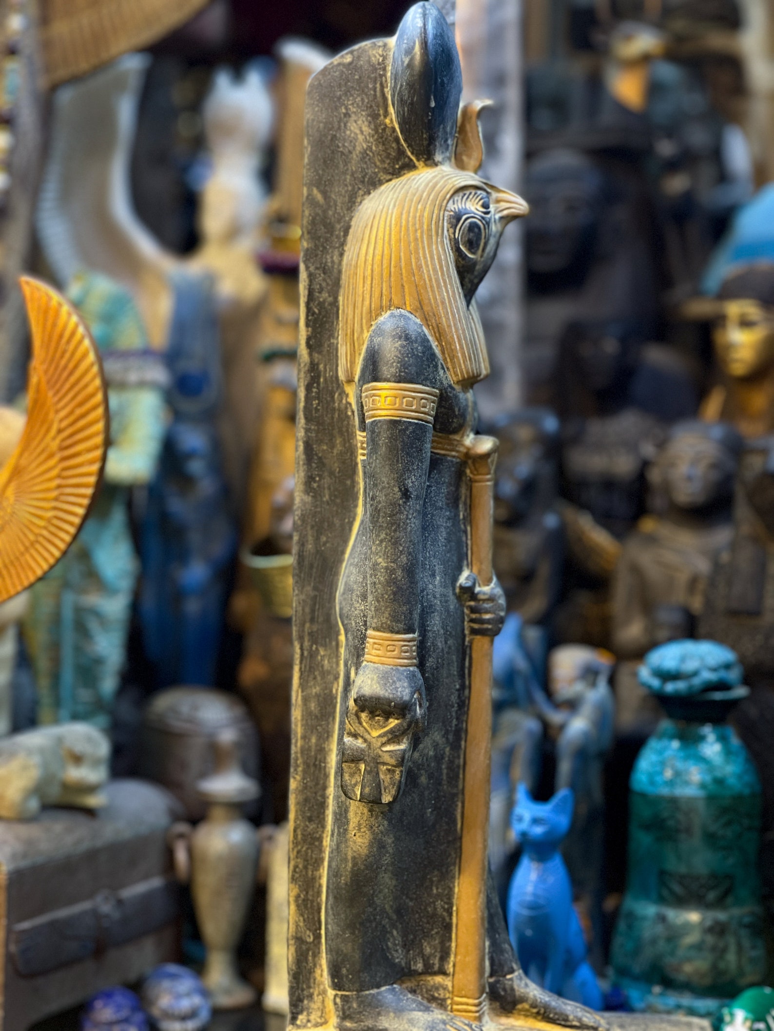 RA the God of Sun Wearing Sun Disk With a Falcon Face - Altar Statue ...