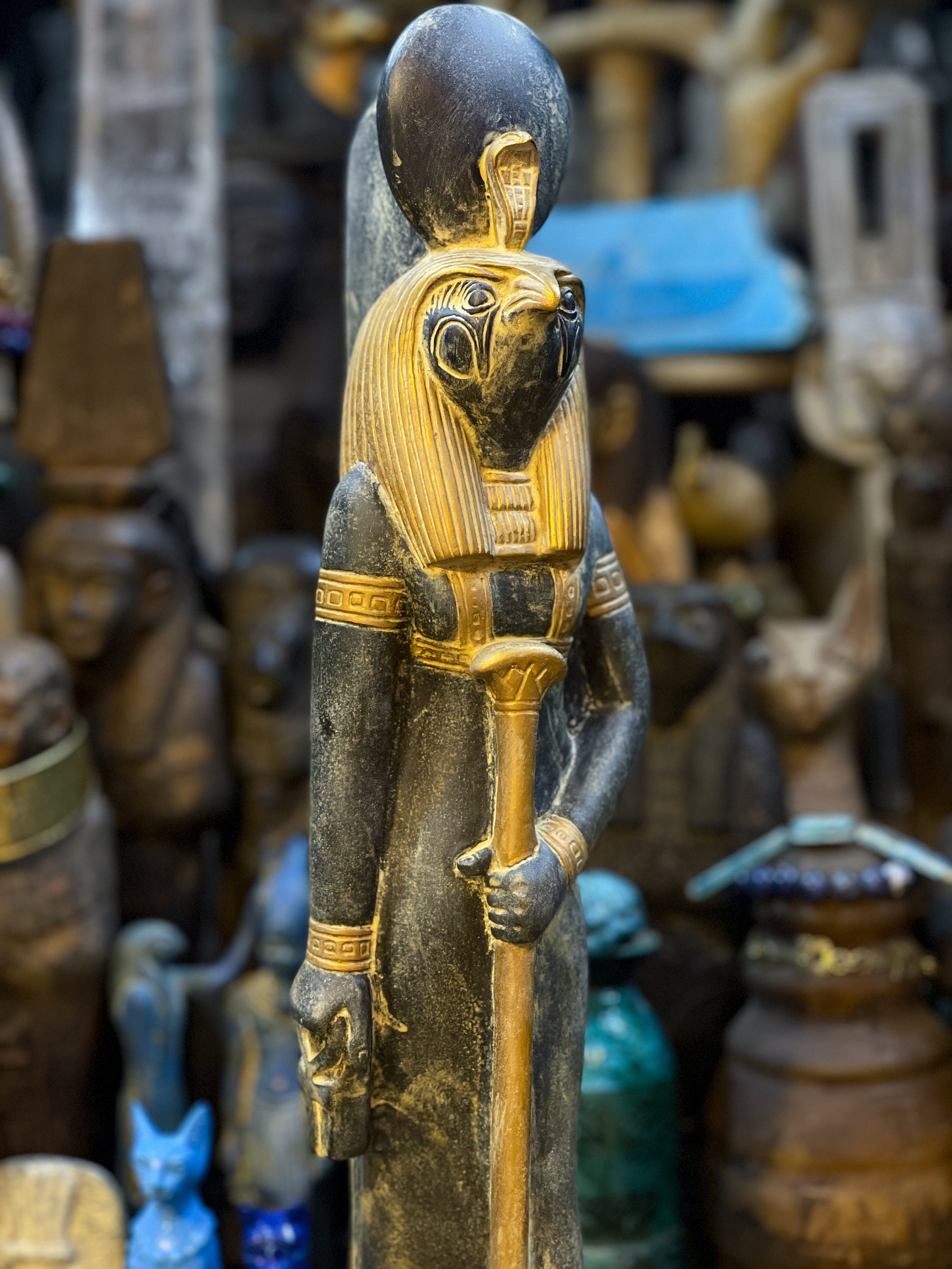 RA the God of Sun Wearing Sun Disk With a Falcon Face - Altar Statue ...