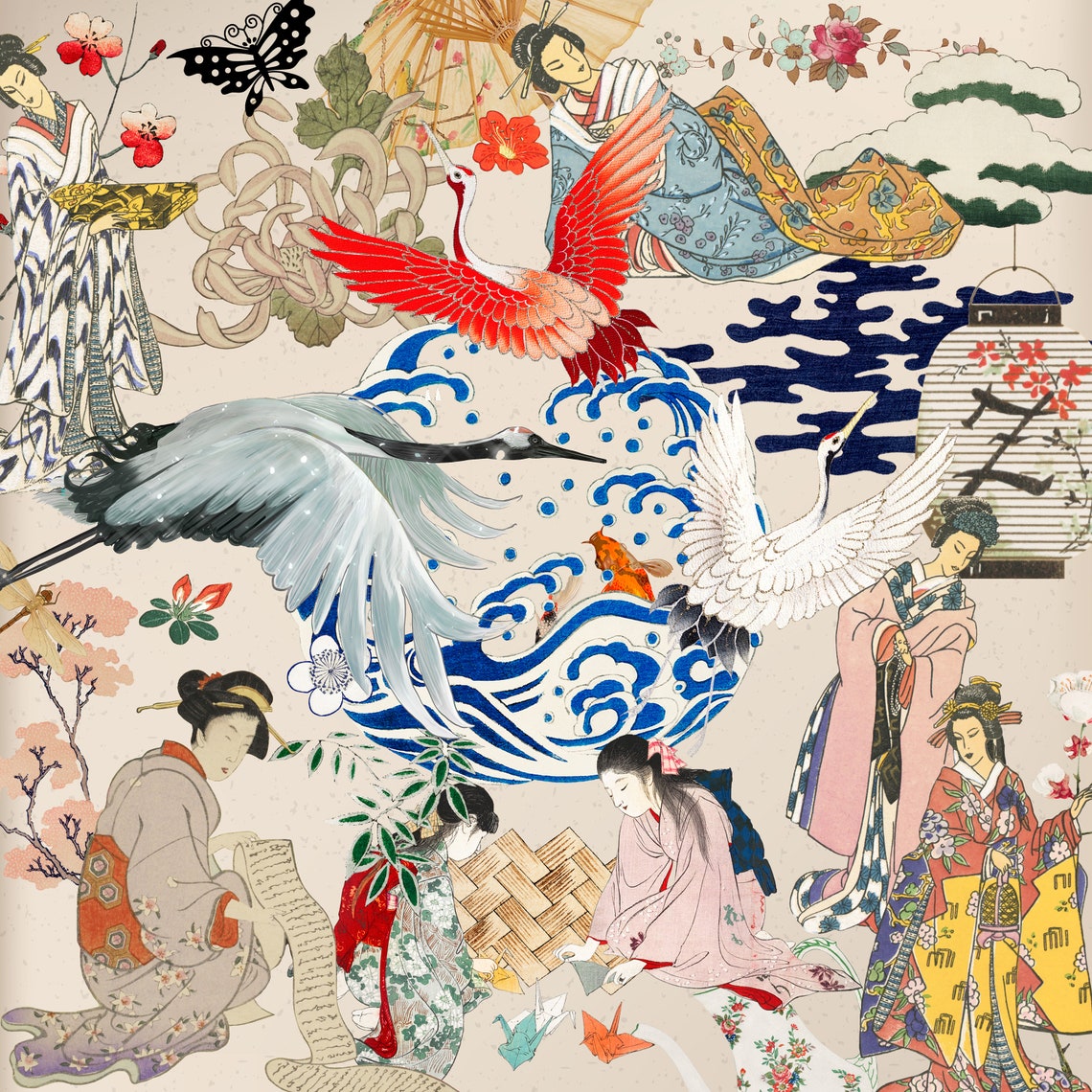 Asian Oriental Style Digital Collage Sheet, Japanese, PNG, Clip Art ...