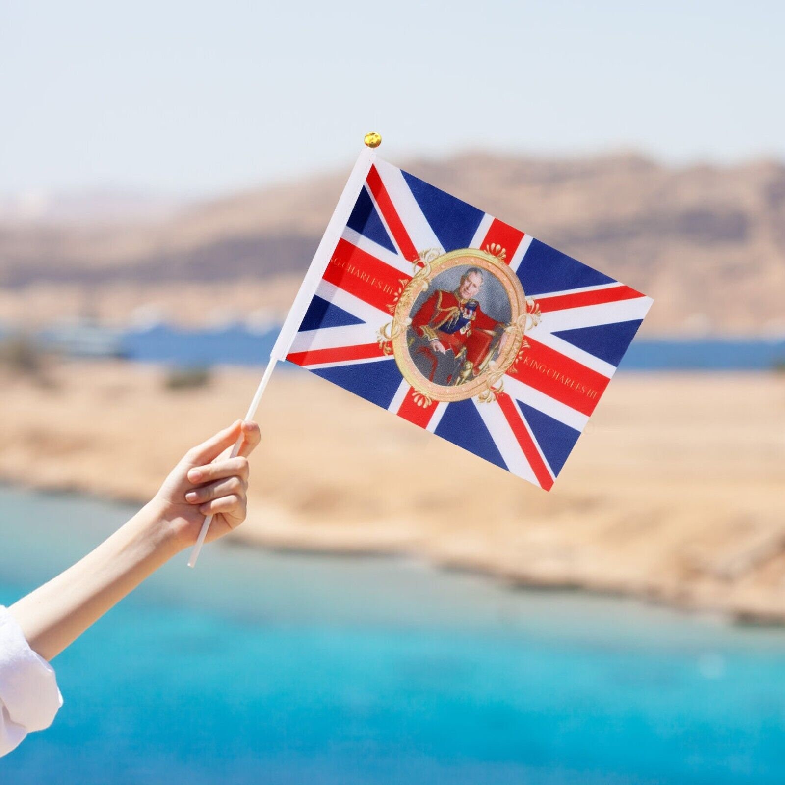 Union Jack Hand Flags Pack White Pole With Gold Ball Tip and Fabric ...